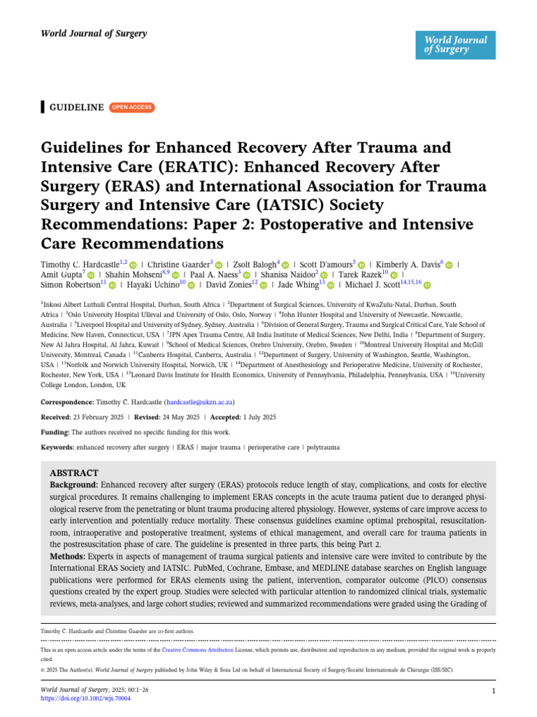 Guidelines For Enhanced Recovery After Trauma and Intensive Care ...