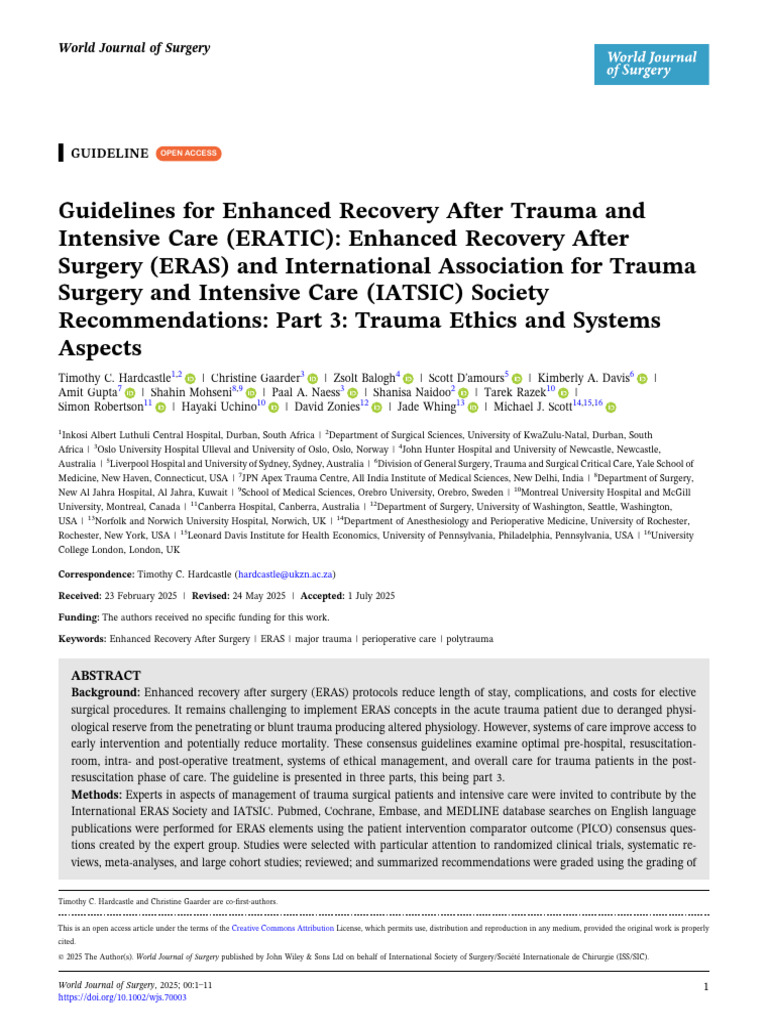 Guidelines For Enhanced Recovery After Trauma and Intensive Care ...