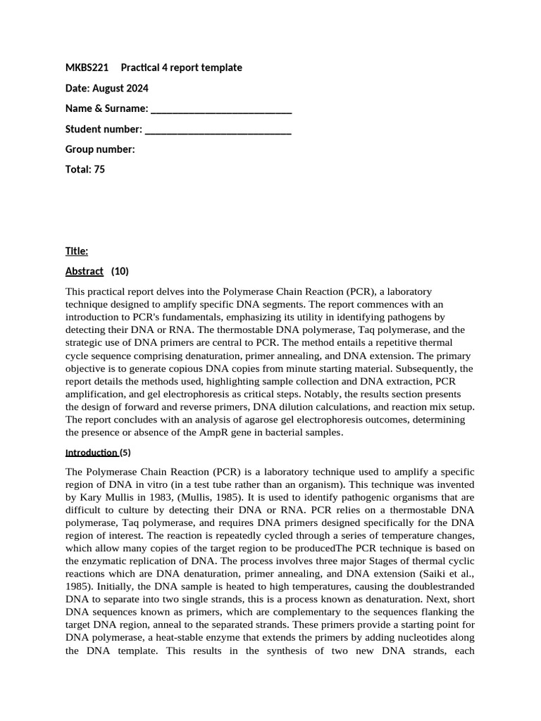 Mkbs221. Prac 4 Report Template | PDF | Polymerase Chain Reaction | Gel ...