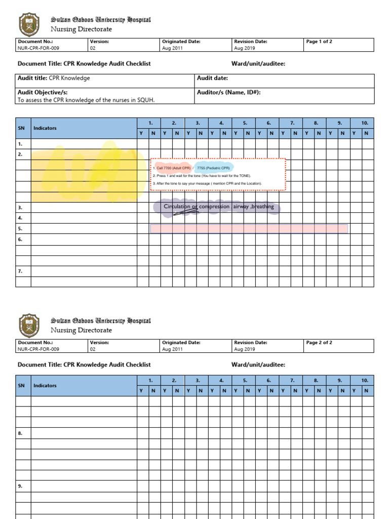 CPR Knowledge Audit Checklist Aug 2019 | PDF | Cardiopulmonary ...