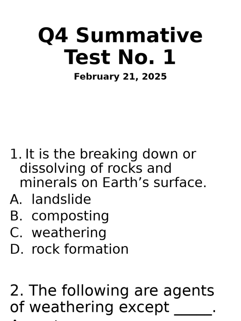 Q4 Science 4 Summative Test No. 1 | PDF | Weathering | Erosion
