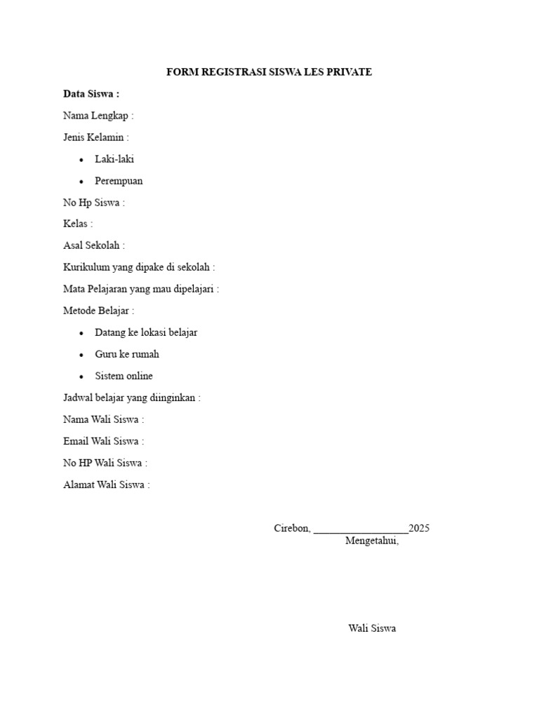 Form Registrasi Siswa Les Private | PDF
