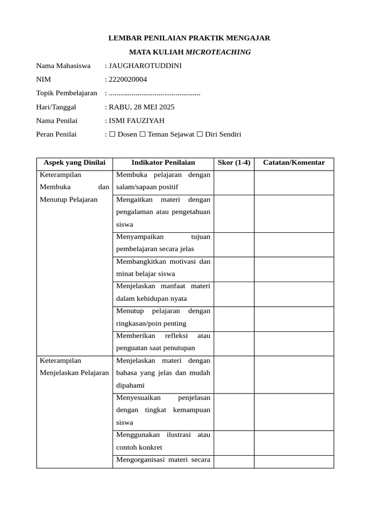 Lembar Penilaian Microteaching JAUHAR | PDF