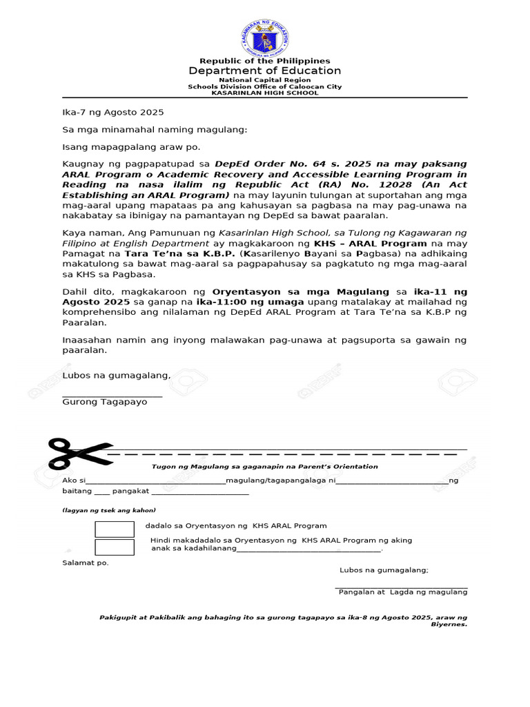 Letter ARAL Program | PDF