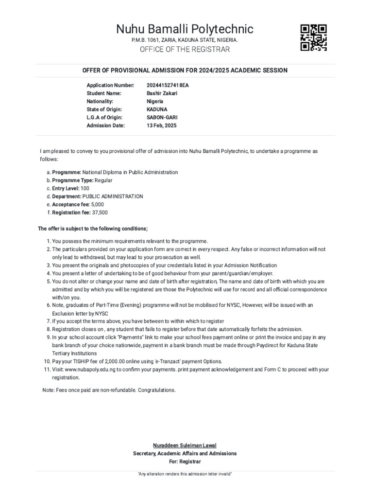 Nuhu Bamalli Polytechnic - Admission Letter | PDF