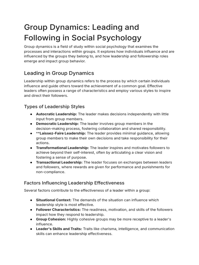 Group Dynamics Leading and Following in Social Psychology | PDF | Leadership | Organizational ...