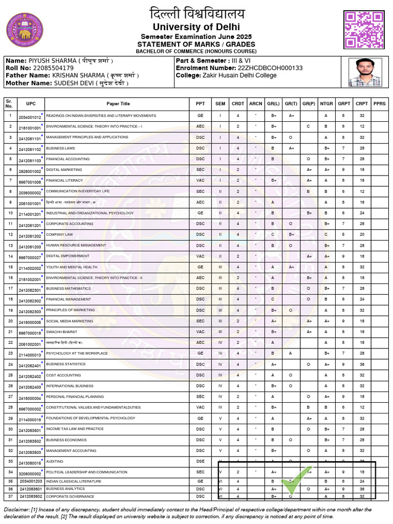 University of Delhi: Semester Examination June 2025 Statement of Marks ...