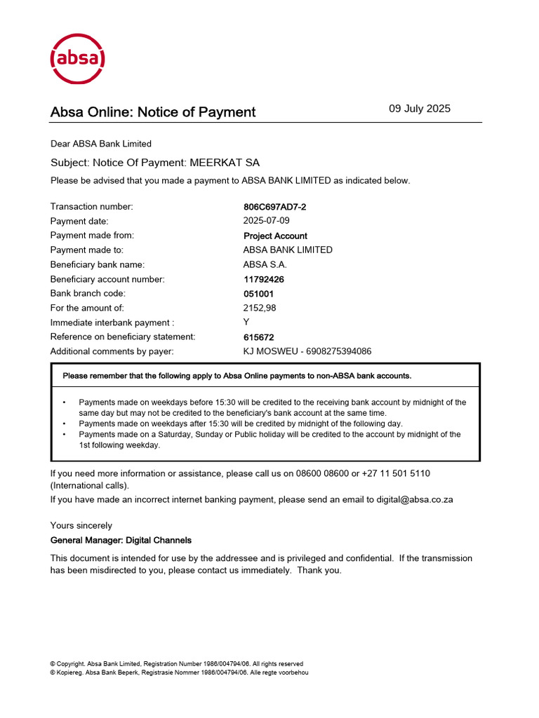 Absa Proof of Payment. | PDF