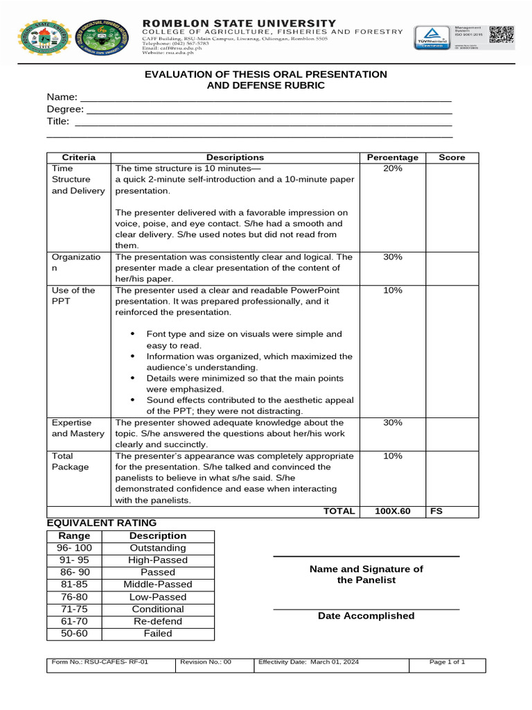 Thesis Oral Presentation Evaluation Rubric | PDF | Microsoft Power ...