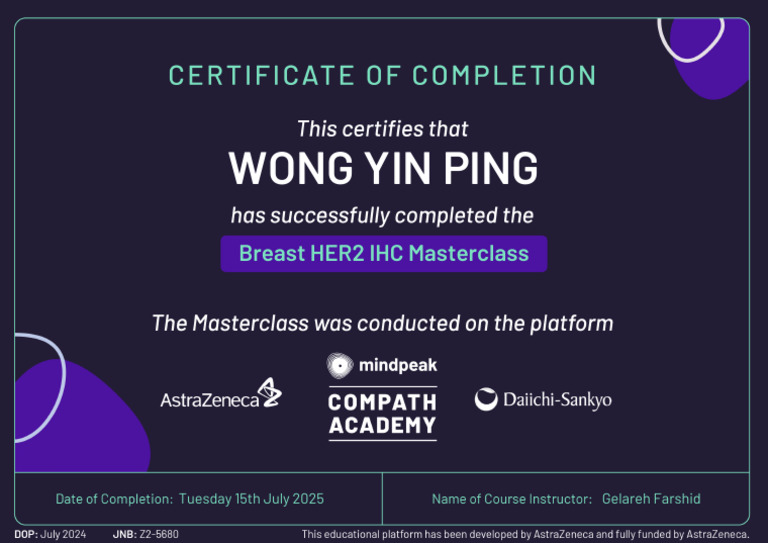 Certificate Breast Her2 Ihc Masterclass Wong Yin Ping | PDF