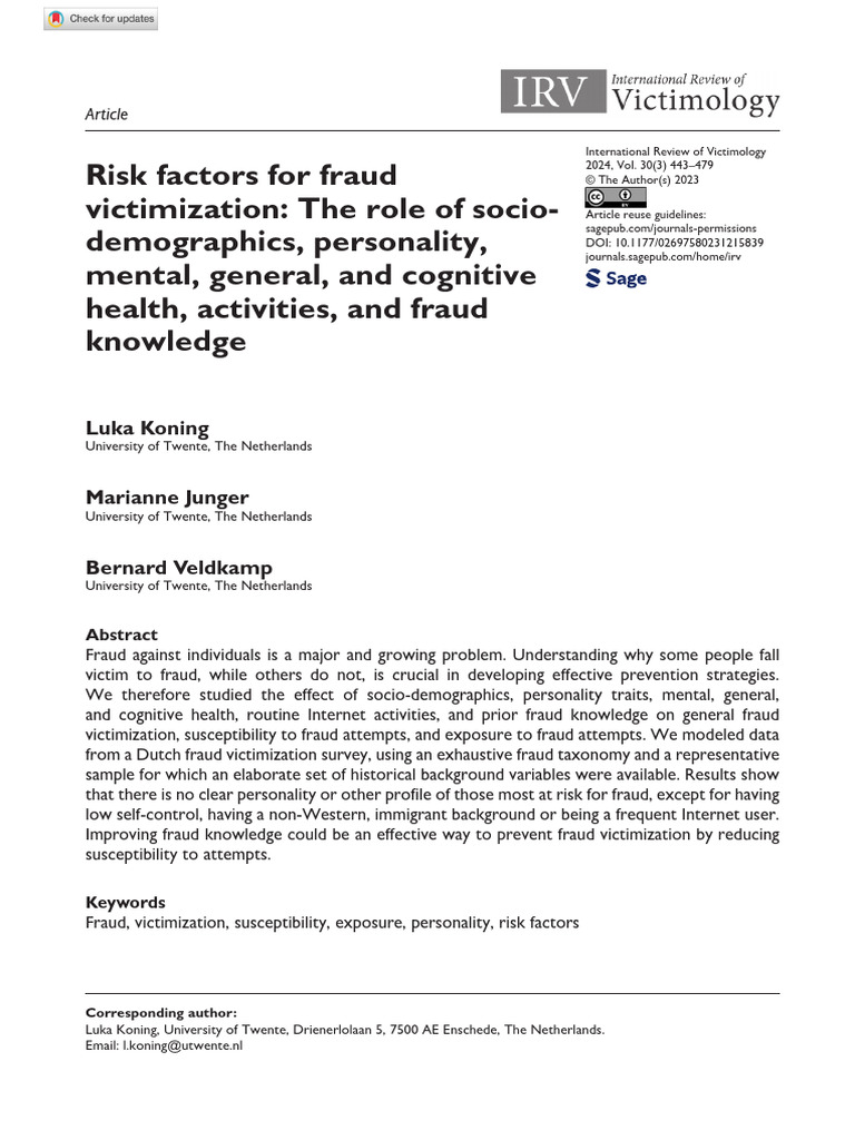 Koning Et Al 2023 Risk Factors For Fraud Victimization The Role of ...