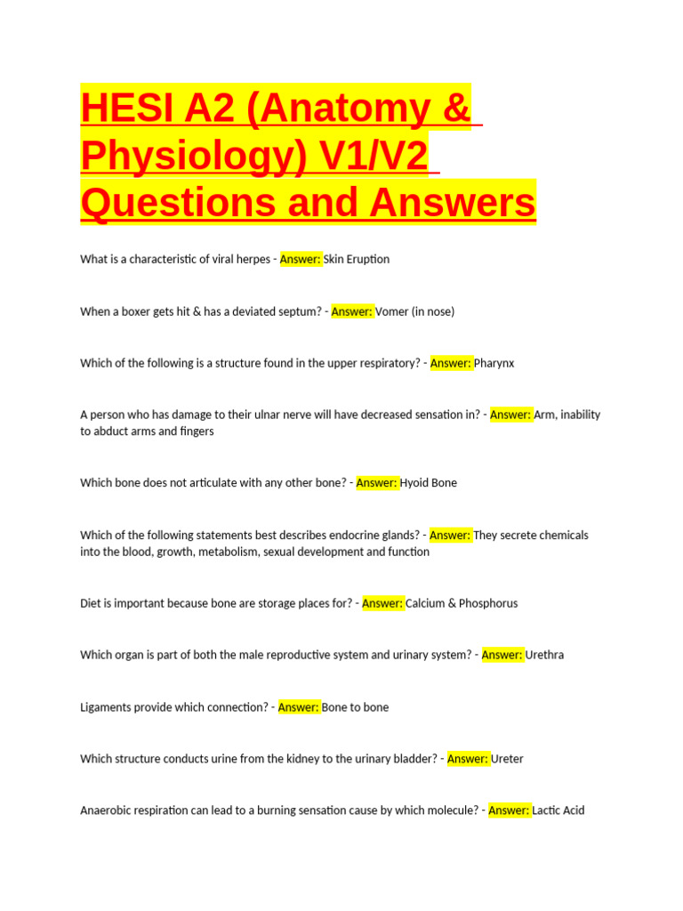HESI A2 (Anatomy & Physiology) V1 V2 Questions and Answers | PDF ...