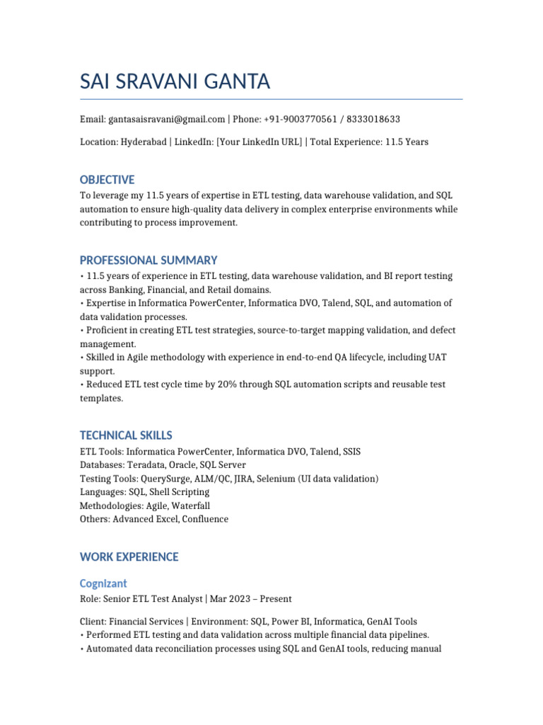 Sai Sravani Ganta ETL Resume Professional | PDF | Information Technology Management | Computing
