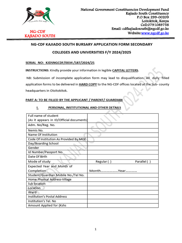 Kajiado South Bursary Application Form 2024-2025 | PDF | Disability | Identity Document