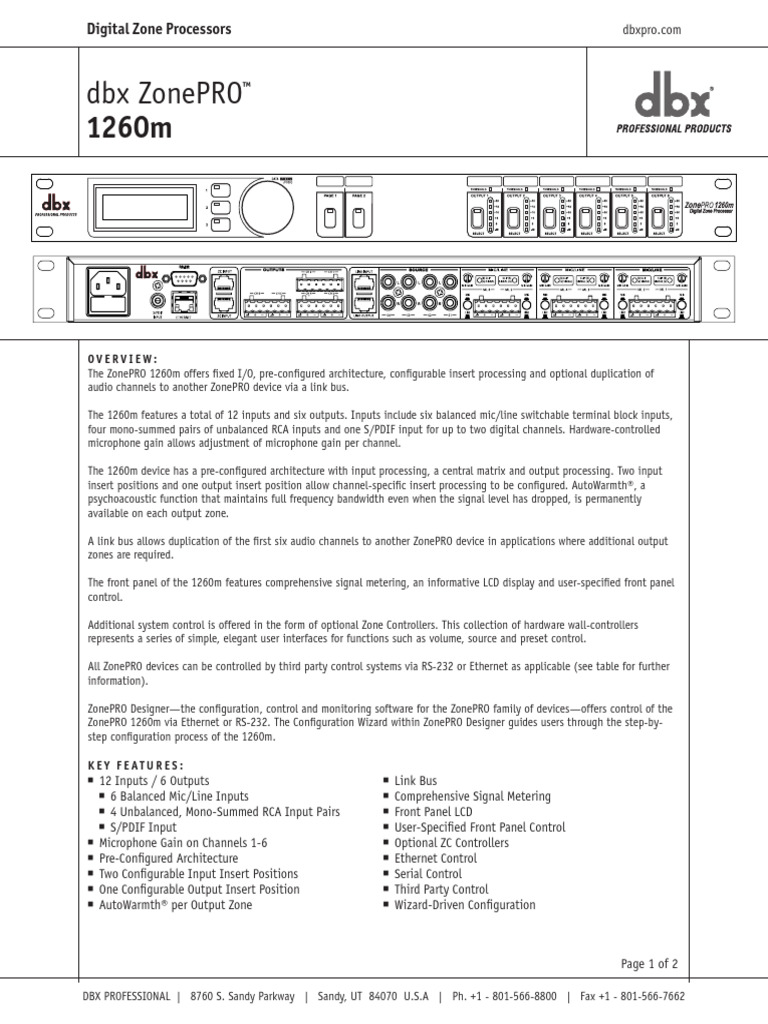 DBX Zone Pro 1260 M Data Sheet | PDF | Microphone | Input/Output