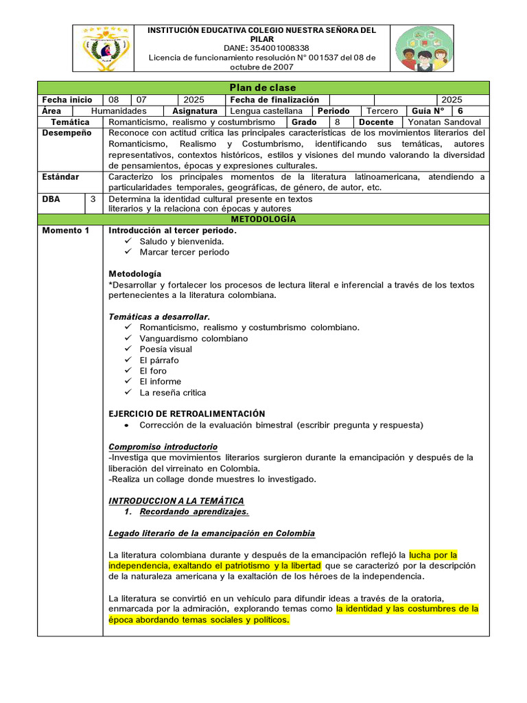 Grado Octavo Planeador Tematica 6 Tercer Periodo | PDF | Colombia | Poesía