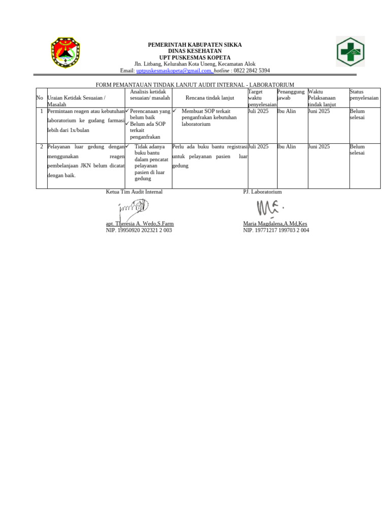 Audit Internal Laboratorium Puskesmas Kopeta | PDF