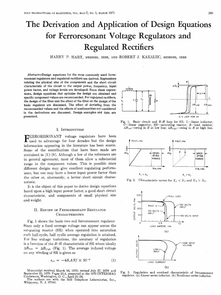 The Derivation and Application of Design Equations For Ferroresonant Voltage Regulators and ...