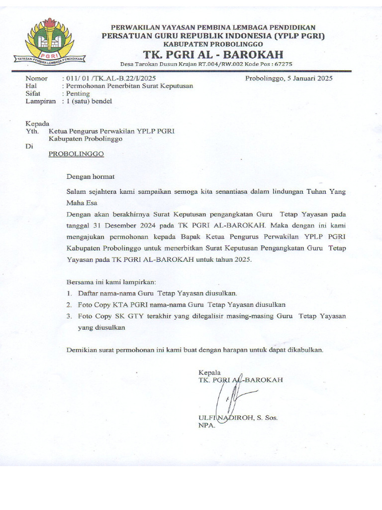 Scan Surat Usulan SK GTY Dari Lembaga | PDF