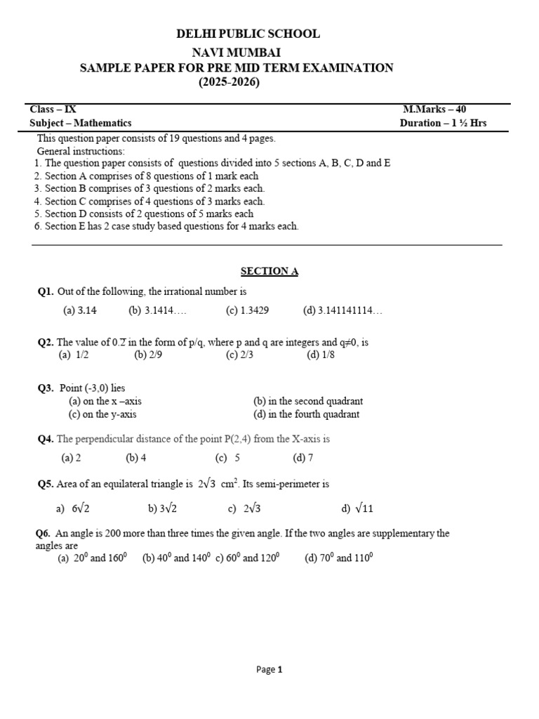 Class 9 Maths Mid Term Paper 2025 | PDF | Triangle | Euclidean Plane ...