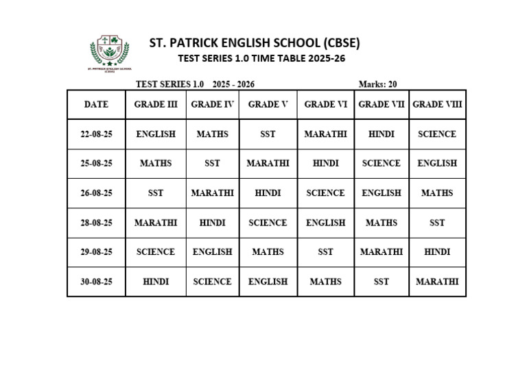 Test Series 1.0 Time Table | PDF