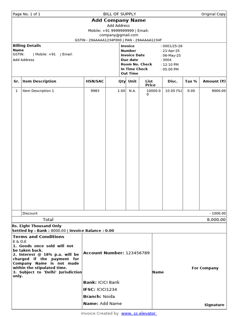 Hotel Bill of Supply Invoice Format | PDF | Invoice | Payments