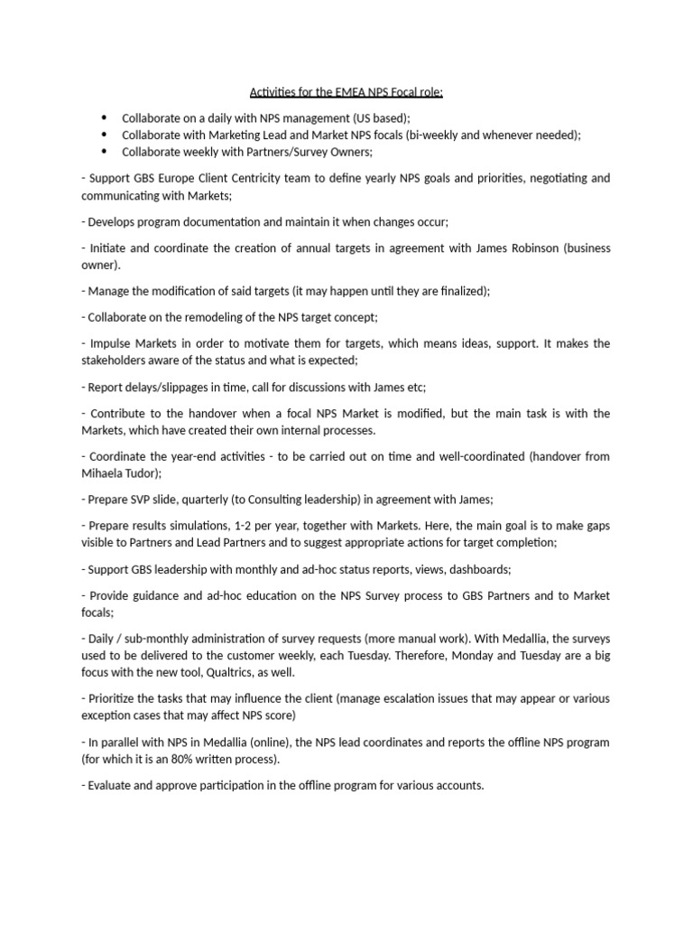EMEA NPS Focal Role Activities Guide | PDF