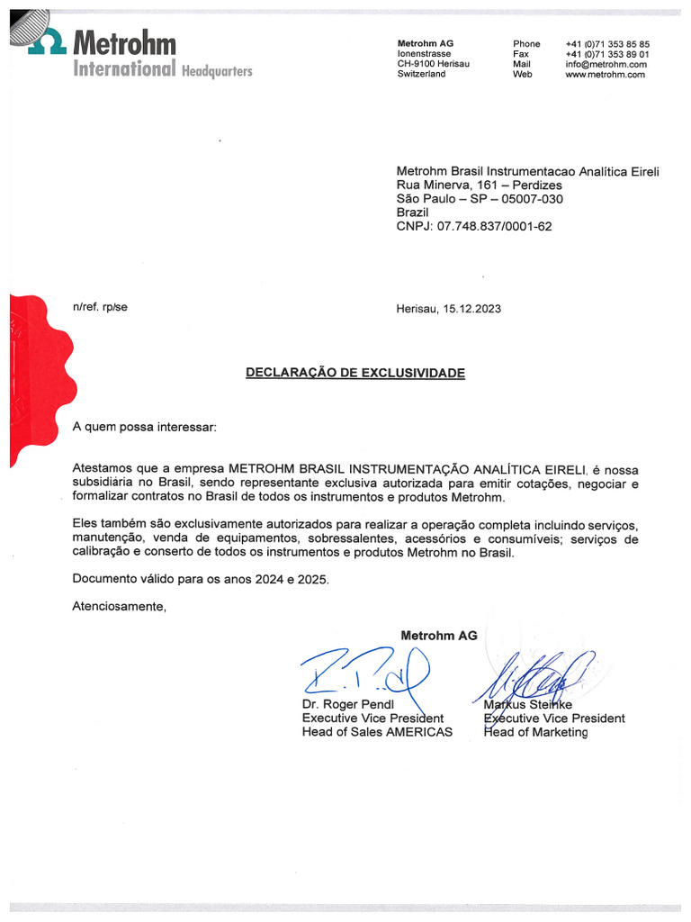 Metrohm Brazil Exclusive Representation Certificate | PDF