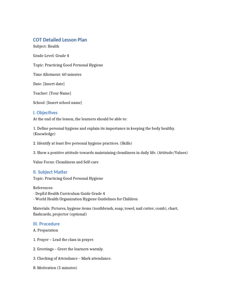 Grade4 COT LessonPlan and Worksheets PersonalHygiene | PDF | Hygiene | Toothbrush