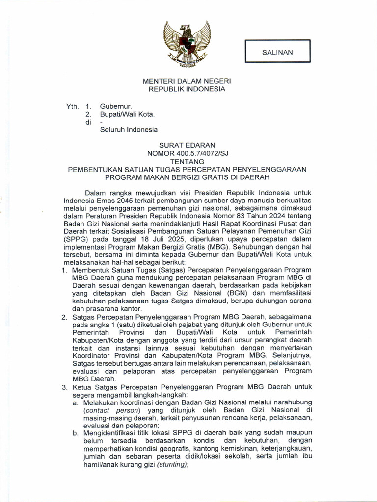 Surat Edaran Menteri Satgas Makan Bergizi | PDF