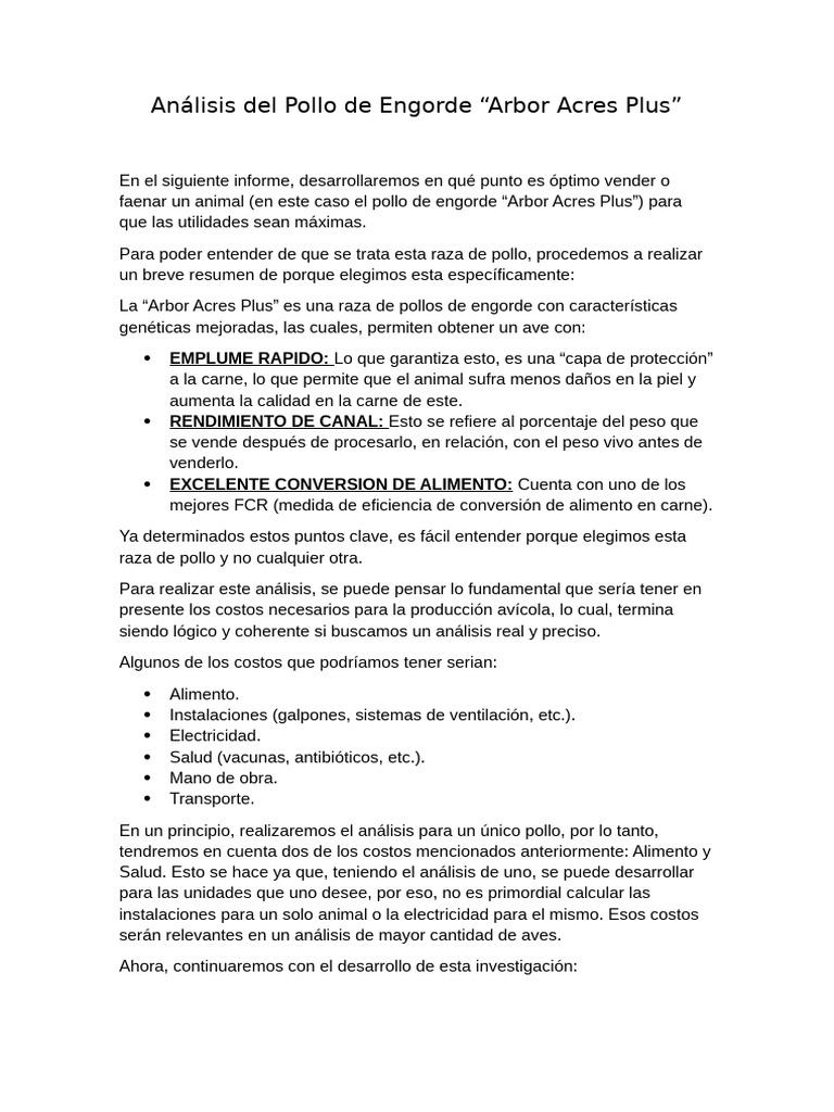 Análisis del Pollo Arbor Acres Plus | PDF | Alimentos | Comportamiento