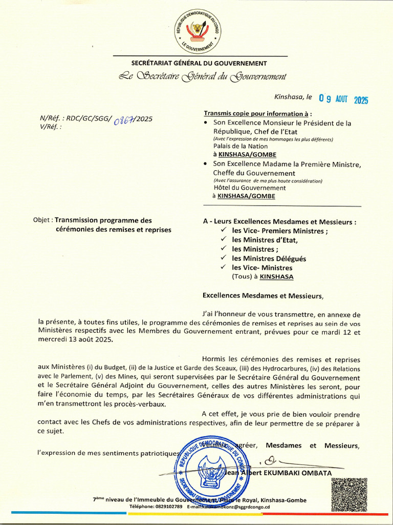 Programme Des Ceremonies de Remise Et Reprise Entre Les Membres Du ...