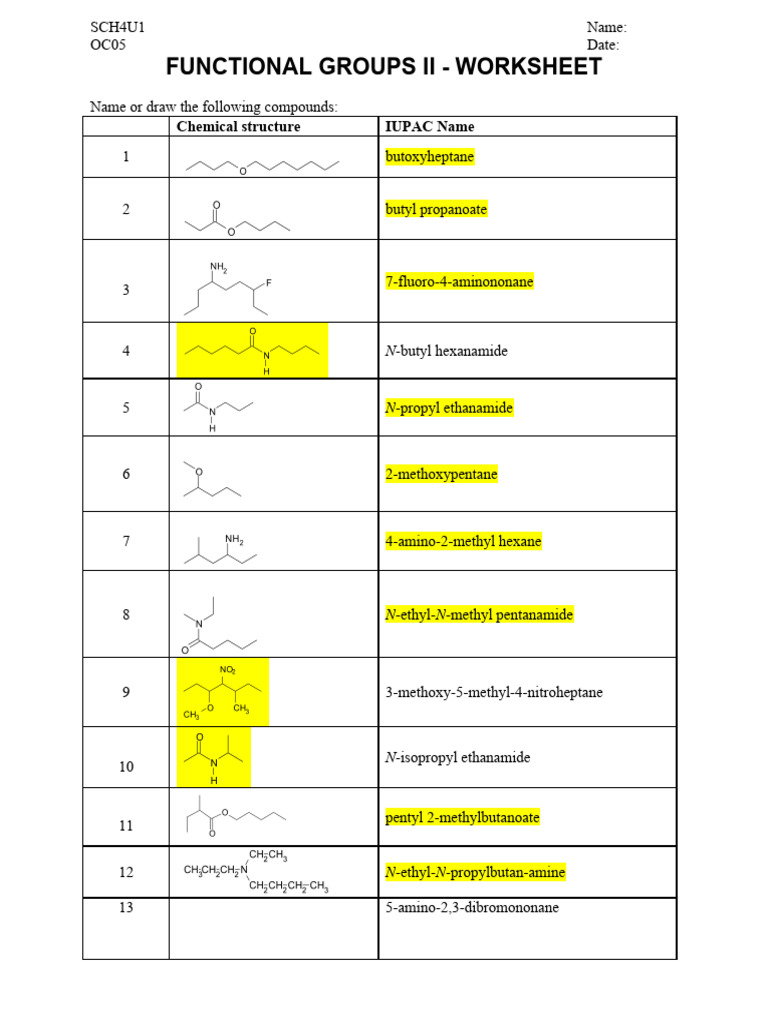 Functional Groups 2 - Worksheet - ANSWERS | PDF | Ester | Ether