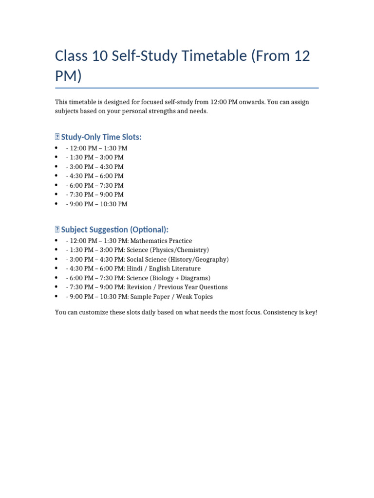 Class10 SelfStudy Timetable | PDF