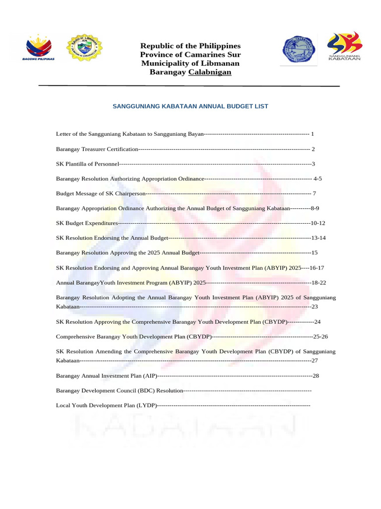 SK Annual Budget 2025 for Calabnigan | PDF