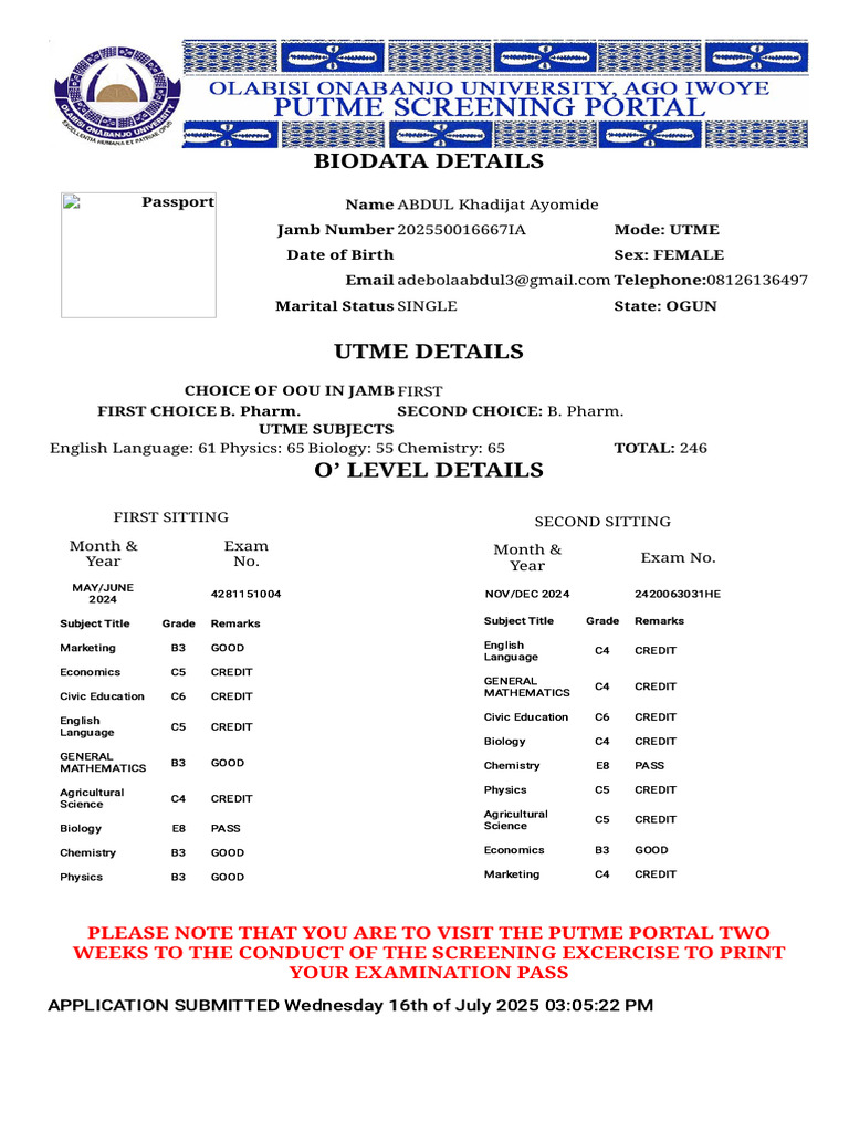 2025 - 2026 Putme Screening Application Form | PDF | Qualifications ...