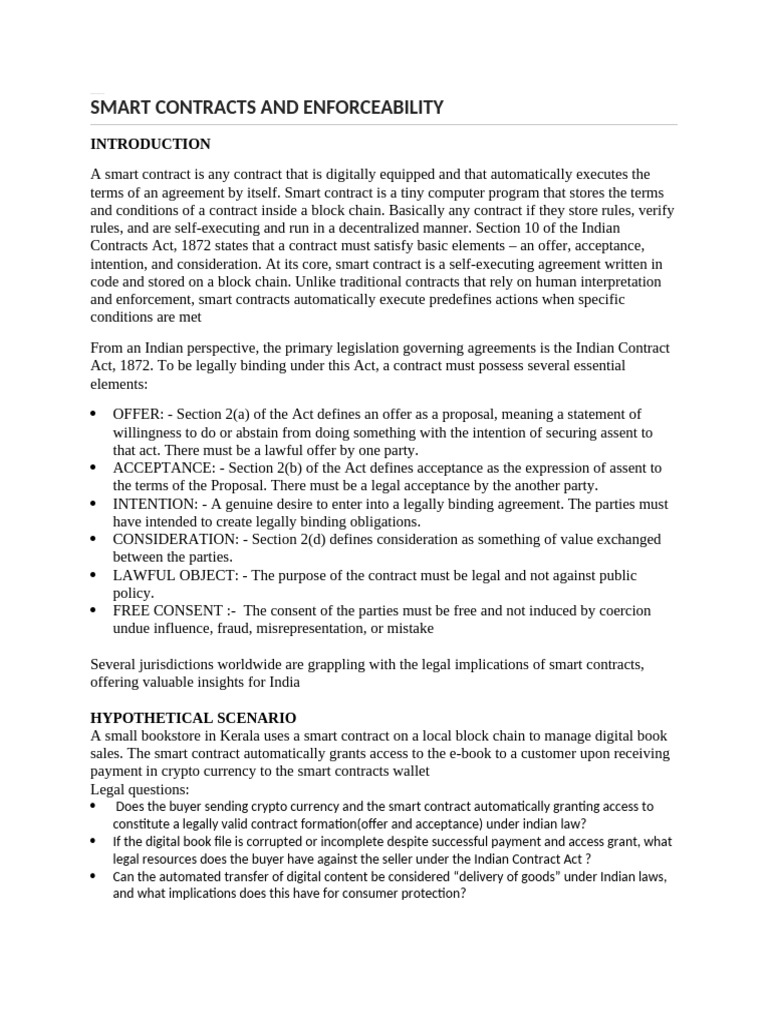 Smart Contracts: Legal Validity in India | PDF | Consideration | Offer ...