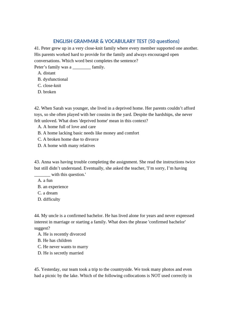 Full Grammar Vocab Test 50 Questions | PDF