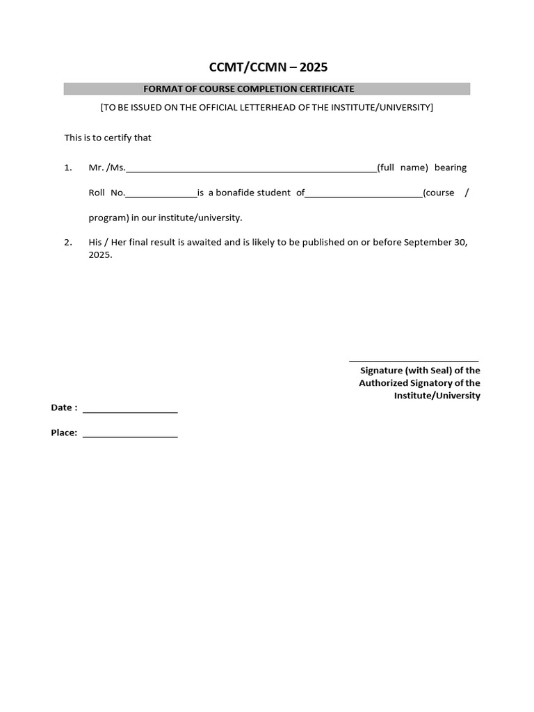 Format of Course Completion Certificate | PDF