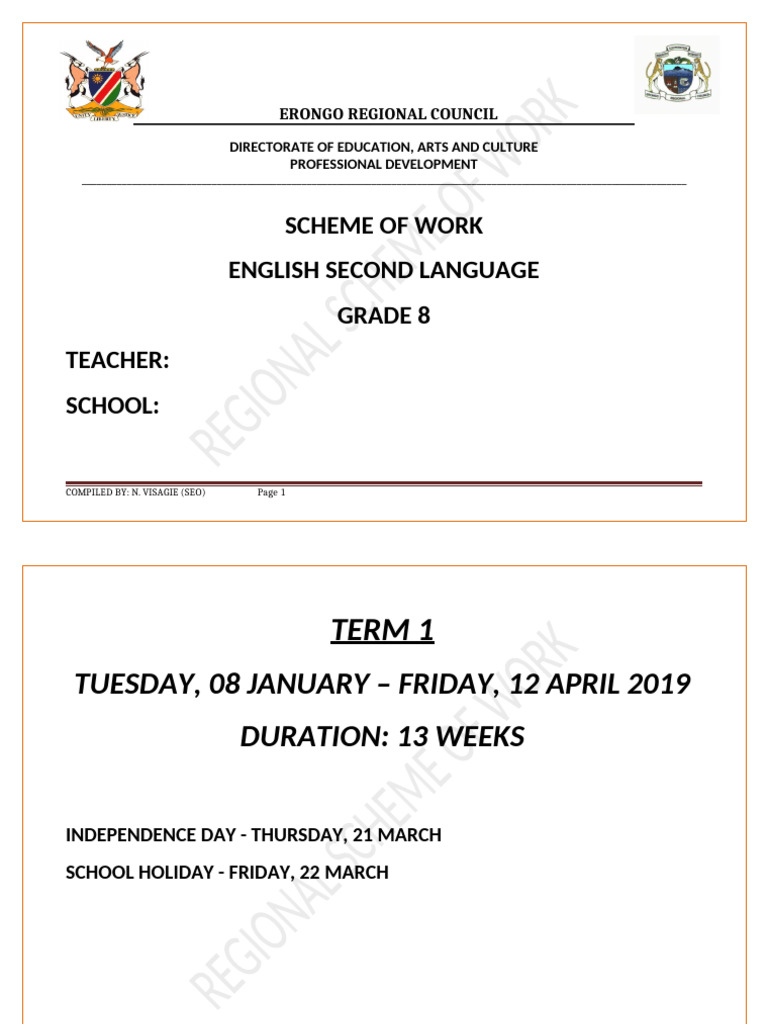 Grade 8 ESL Scheme of Work 2019 | PDF | Reading Comprehension | Verb