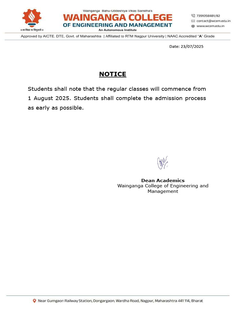 Commencement Notice for Wainganga College | PDF
