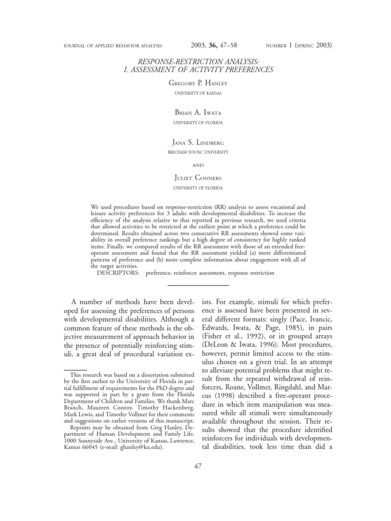 Response Restriction Hanley 2003 | PDF | Reinforcement