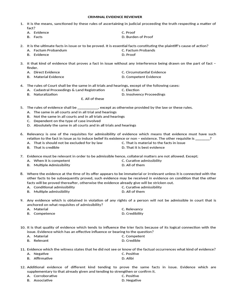 Criminal Evidence Principles Overview | PDF | Evidence (Law) | Burden ...
