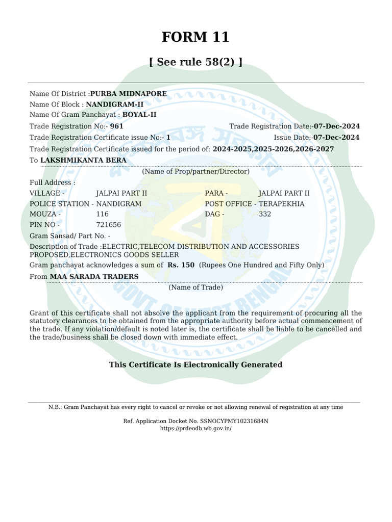 Maa Sarada Traders - Trade License | PDF
