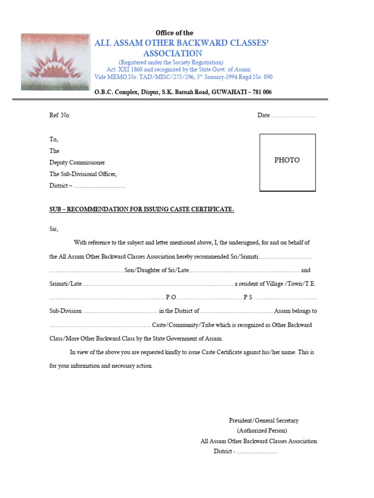 Caste Certificate Recommendation Letter | PDF