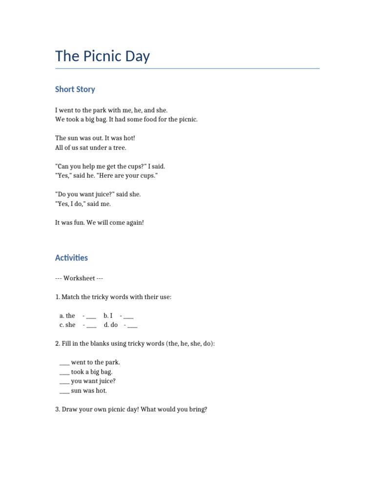 Tricky Words Story The Picnic Day | PDF