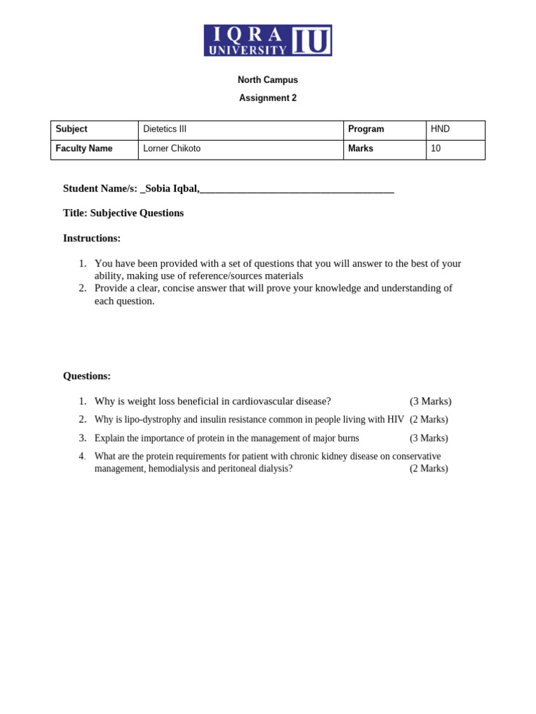 Assignment 2 Dietetics.. | PDF