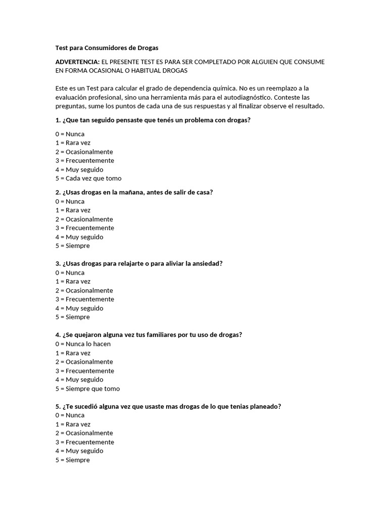 Test para Consumo de Drogas | PDF | La dependencia de sustancias ...