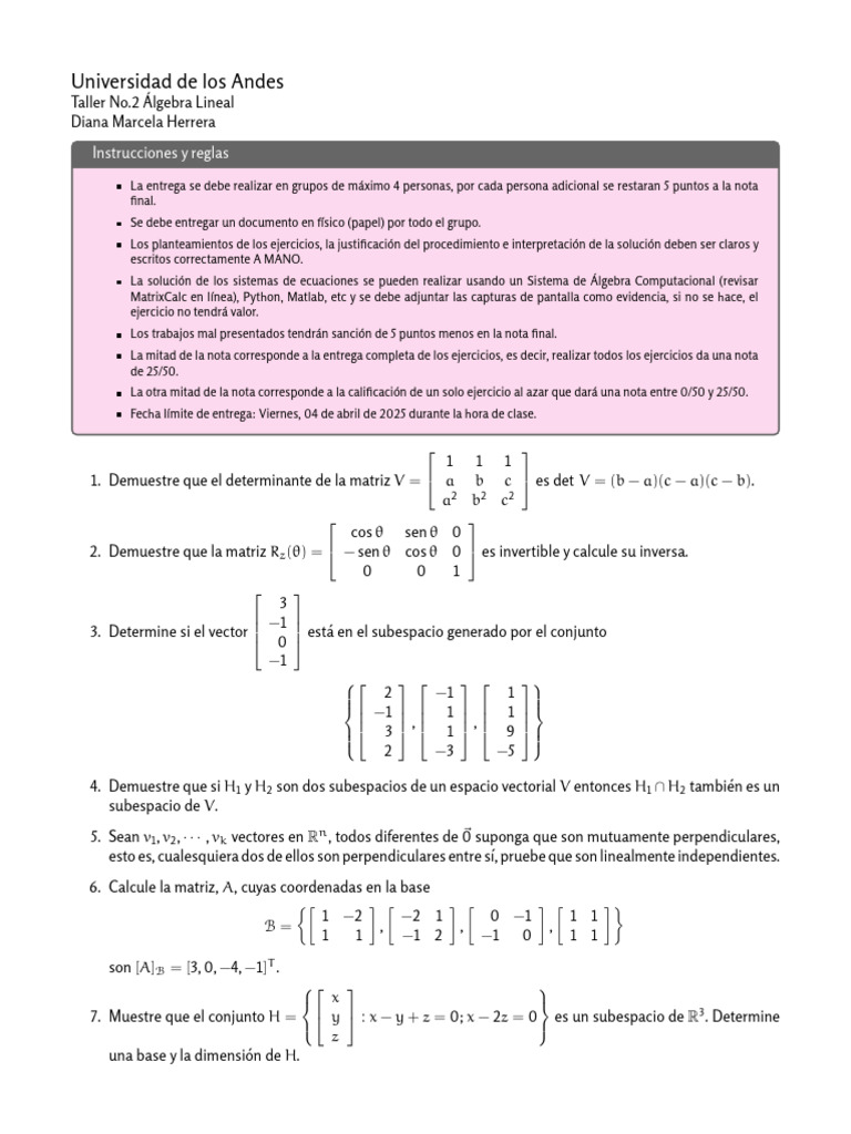 Taller2 AlgLin Uniandes 20250318 | PDF | Base (álgebra lineal) | Mapa lineal