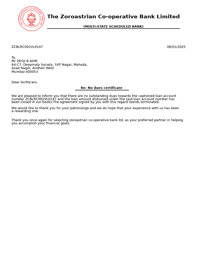 Devji Bhacha Ahir No Dues Certificate | PDF